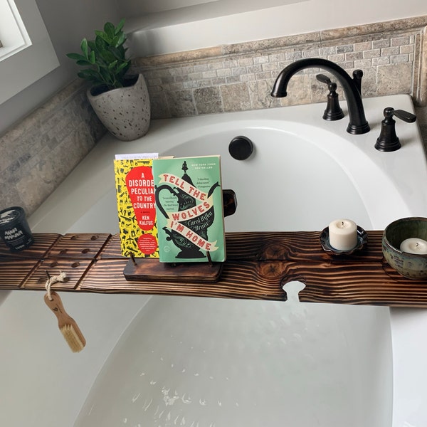 Rustic Bath Caddy for Book Lovers, With Wet Zone, Candle Holder, Wine ...