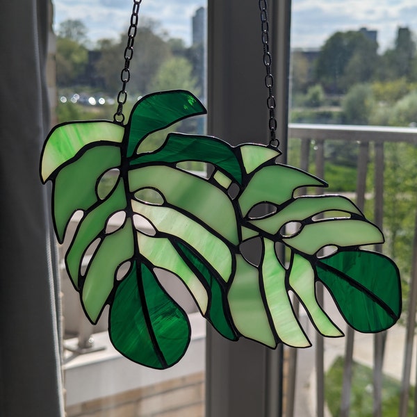 Monstera Leaves Suncatcher Stained Glass Window Decor Hanging Home ...