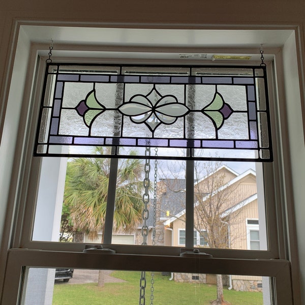 Handmade Stained Glass Transom Window: Victorian Purple & Green Floral ...