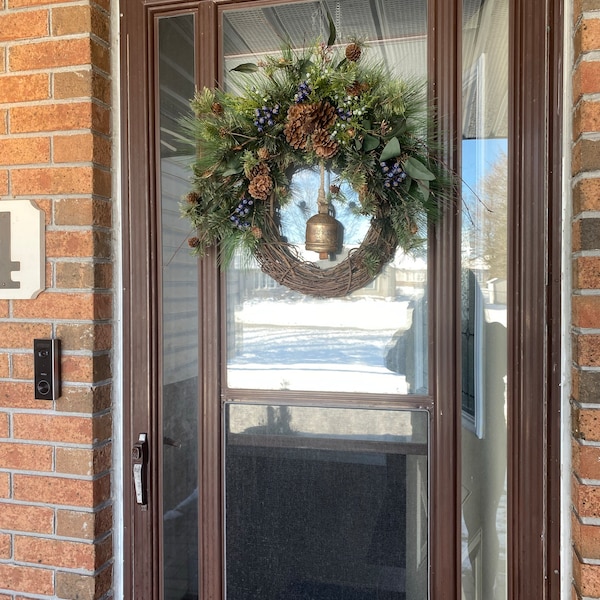 Winter Wreath With Rustic Brass Bell |housewarming Gift | Rustic Style ...