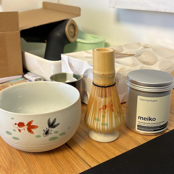 Hand-painted Tree Green Matcha Bowl With Bamboo Whisk and Chasen Holder ...