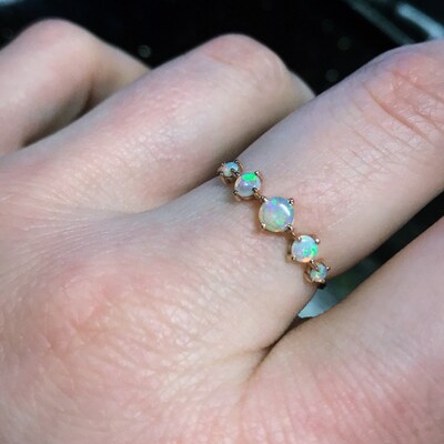 14K Gold Opal Row Ring, talisman Ring, Opal Ring, Dainty Ring, Solid Gold, October Birthstone ...