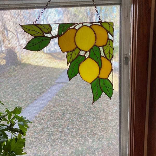 Yellow Corner Branch of Lemons Suncatcher Stain Glass, Home House Decor ...