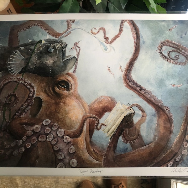 Light Reading: Print of Original Whimsical Watercolor Painting. Octopus ...