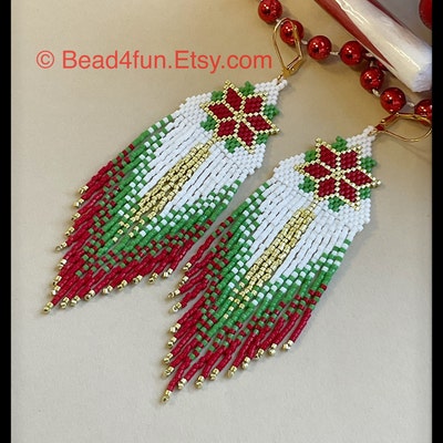 Christmas Earring Patterns Brick Stitch Poinsettia Earrings Seed Bead ...