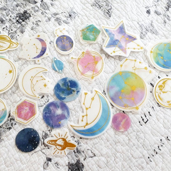60 Pcs Galaxy Gold Foil Sticker Stars Constellation Watercolor Sticker ...