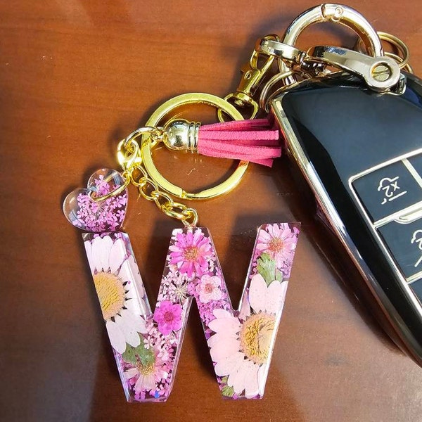 Pressed Flower Resin Keychain, Real Floral Initial Letter Charm for ...