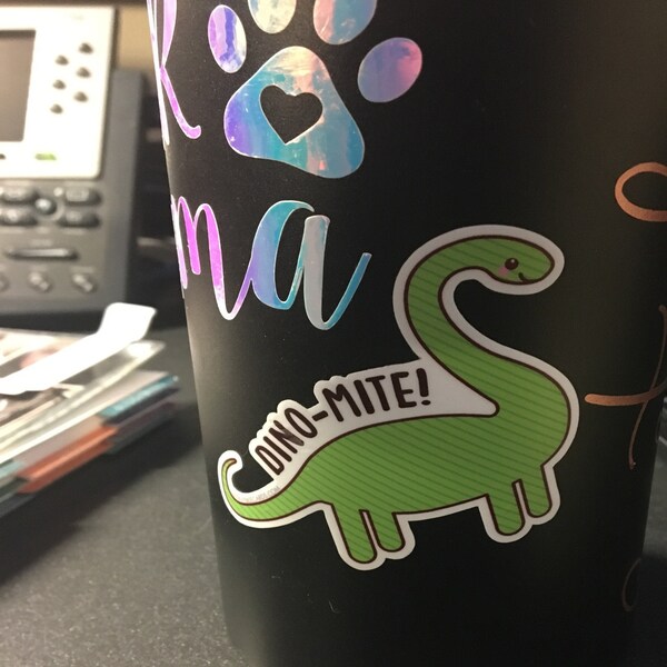Dinosaur Vinyl Sticker "dino-mite!" - Funny Pun Decal, Cute Dinosaur ...