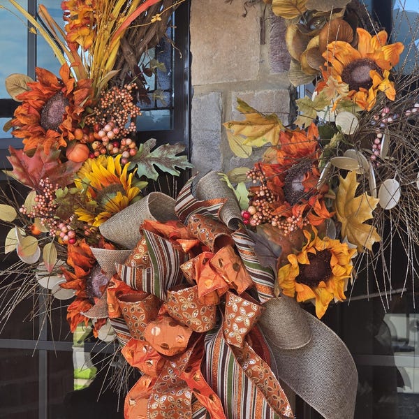 Large Fall Bow for Front Porch or Mailbox Fall Decor Mixed Ribbon Bow ...