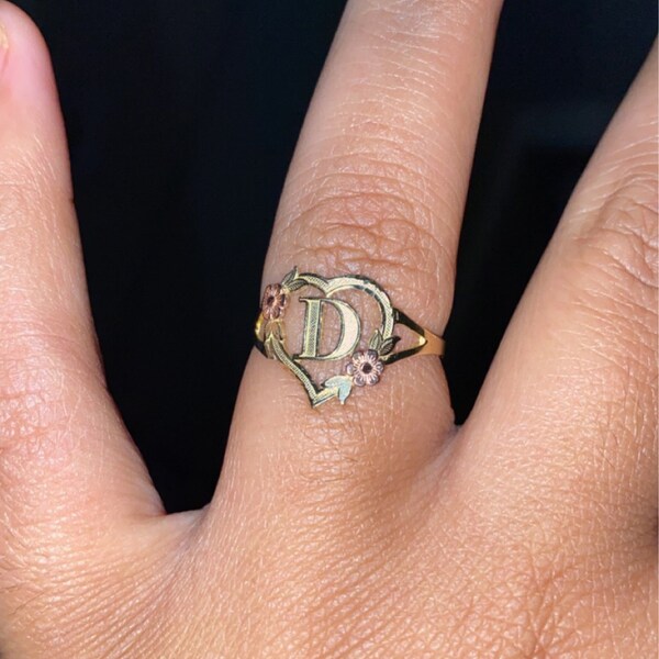 14K Gold Flower Heart Initial Ring • Any Letter A-Z • Real Yellow, Rose ...