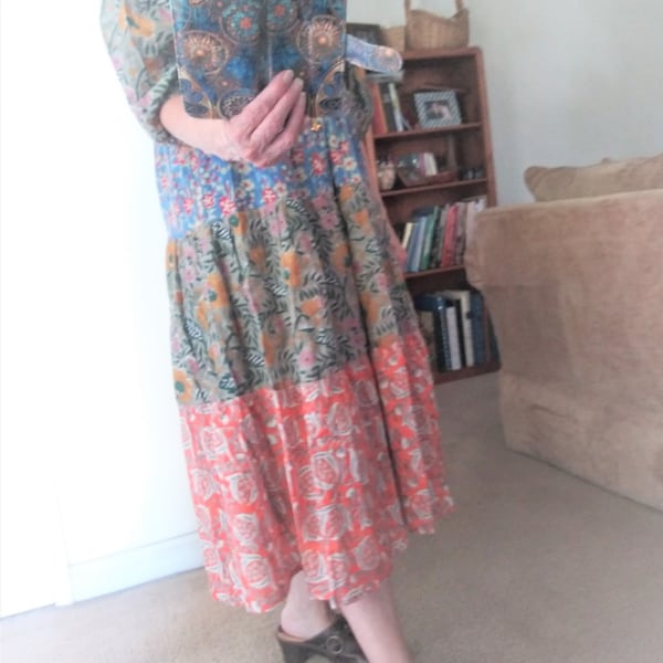 Tri-color African Print Indian Summer Midi Dress Hand Block Printed ...
