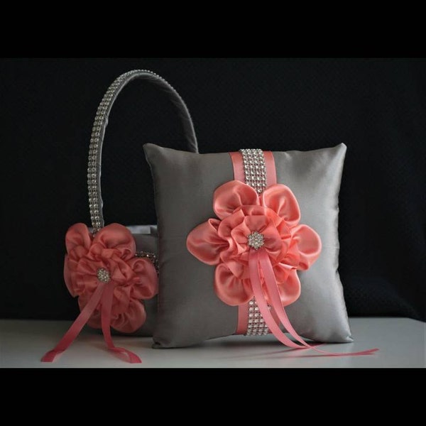 Coral Gray Basket \ Gray Coral Wedding Basket \ Coral Flower Girl ...