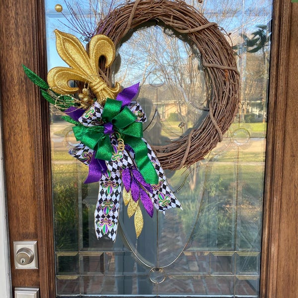 Mardi Gras Harlequin Glitter Fleur De Lis Wired Ribbon 2.5” X 10 Yards ...