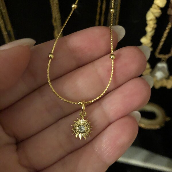 CELESTE . Tiny Sun Charm Necklace . 16k Gold Plated With Cubic Zirconia ...