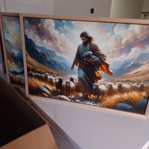 Jesus and Lost Sheep | Framed Oil Paint Print Canvas | Religious Decor ...