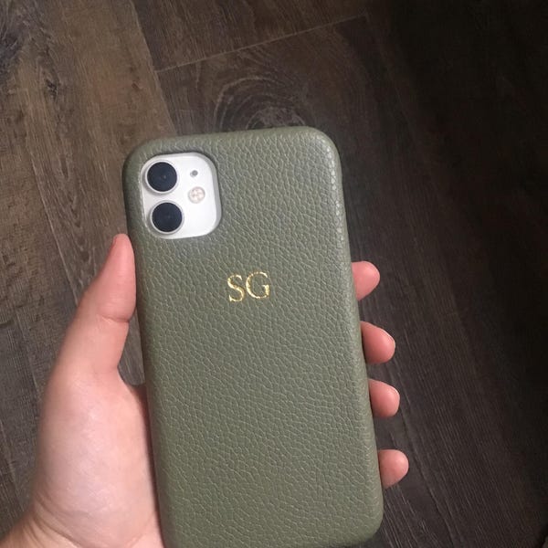 Personalized Leather Case iPhone 11, Monogram Engraved Pebble Vegan ...