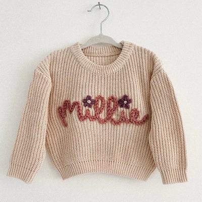 Beige Personalised Baby Name Jumper Hand Embroidered Chunky Knit ...