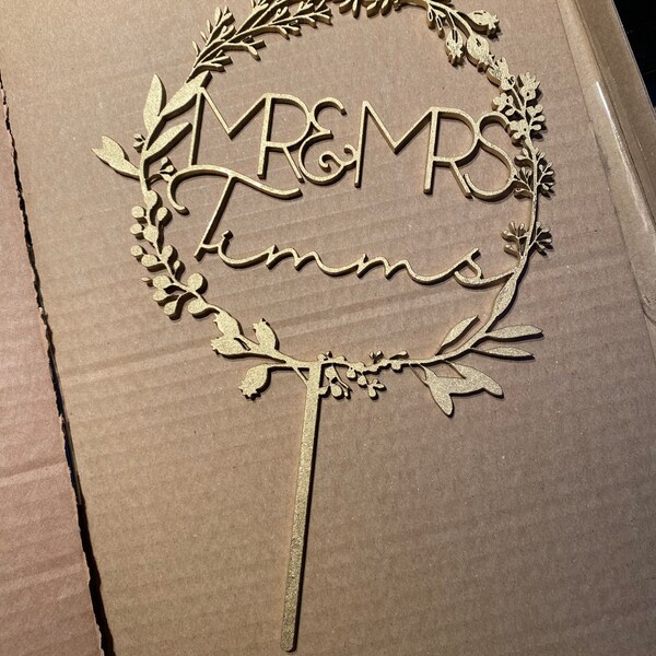 Floral Wreath Wedding Cake Topper - Personalised Wooden Cake Topper (x5 ...