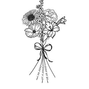 Custom Birth Flower Tattoo Fine Line Birth Flower Bouquet Tattoo Family ...