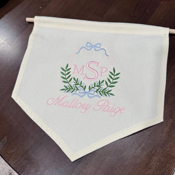 Banner Frame Bow Embroidery Stitch , Greenery Crest Embroidery Design ...