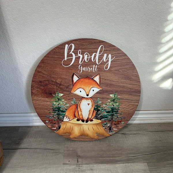 Fox Name Sign, Woodland Fox Baby Sign, Woodland Name Sign, Round Wood ...