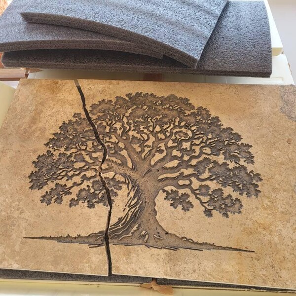 Carved Oak Tree Travertine Tile – 16x24" (40x60cm) Rustic Wall Art ...