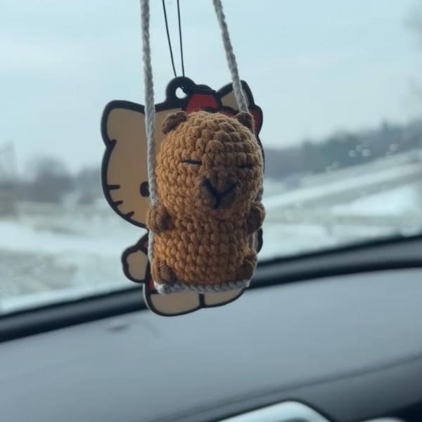 Cute Swinging Capybara Car Mirror Hanging Accessories, Crochet Capybara ...