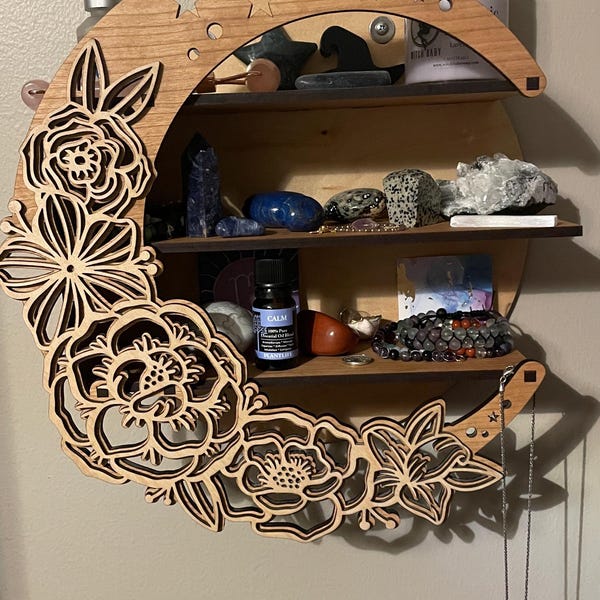 Floral Crescent Moon Crystal Shelf: Mystical Decor - Etsy