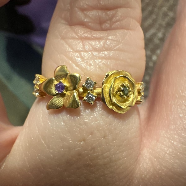 Gold Filled Combined Birth Flower Ring, Personalized Dainty Floral Band ...