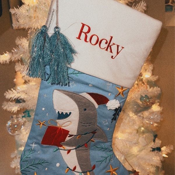 Shark Stocking, Boy Christmas Stocking, Blue Christmas Stocking, Baby's ...