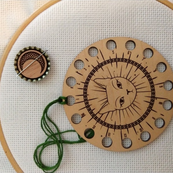 Witchy Cat Embroidery Floss Thread Storage Holder - Witch Cat Face ...