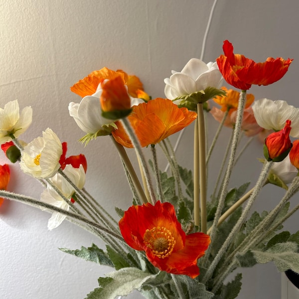 4 Heads Faux Poppy Flowers, 23.5" Silk Flower Poppy Branch, DIY Florals ...