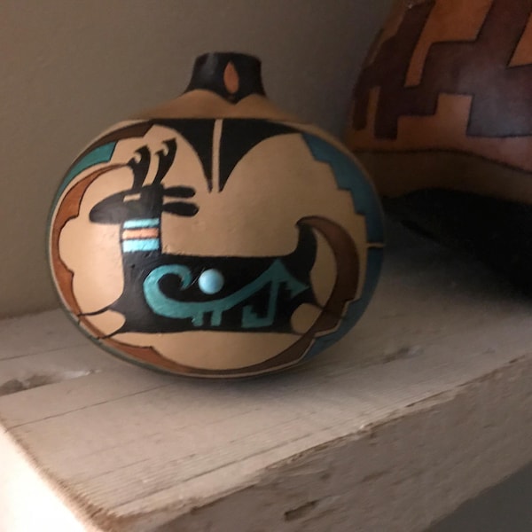 Southwestern Hand Painted Gourd Pot New Mexico Desert Thunderbird Eagle ...