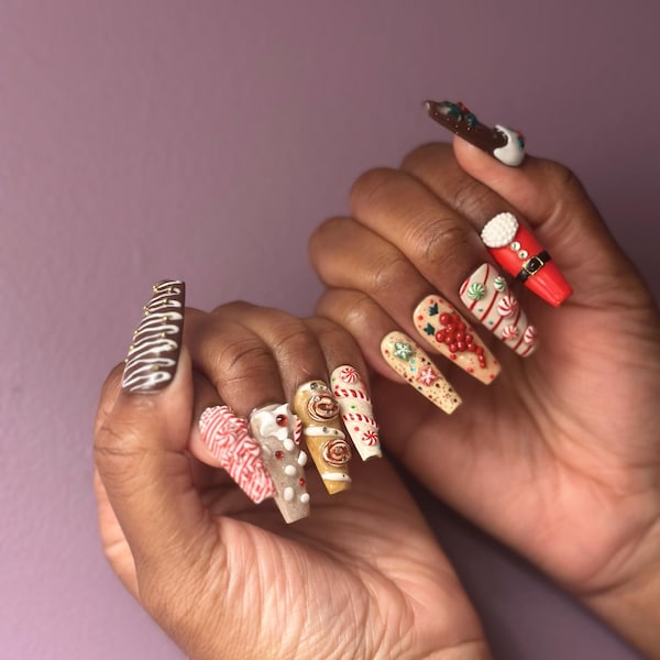 Christmas Press on Nails, Ice Cream Nails, Trendy Brown Holiday Nails ...