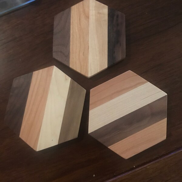 Wooden Hexagon Coasters, Stripe, Multiwood, Honeycomb Coasters, Hexagon ...