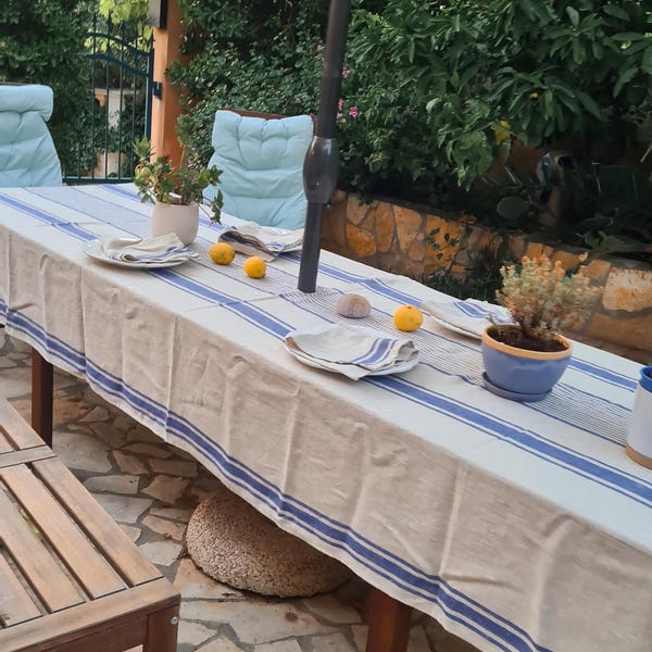 Heavy Linen Tablecloth for Easter Table - French Style Striped Washed ...