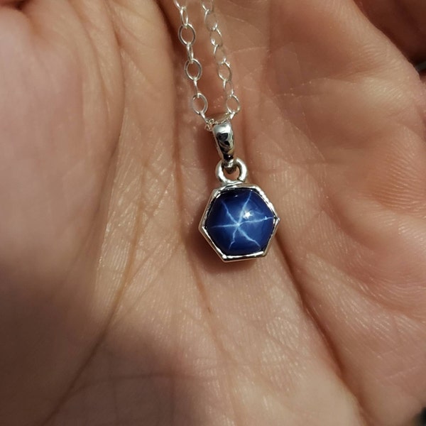 Sterling Silver Blue Star Sapphire Pendant: Hexagon Lindy Star, Dainty ...