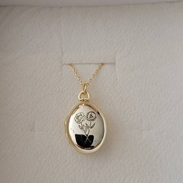 Birth Flower Engraved Locket Necklace • Customized Gold Locket ...