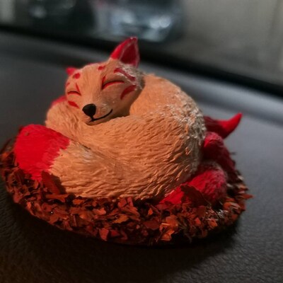 Miniature Red Nine Tailed Fox Figurine Sleep in Woods. Handmade Resin ...