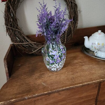 Large Heavy Glass Cylinder Vase. Hand Painted. Purple, Pink and White ...