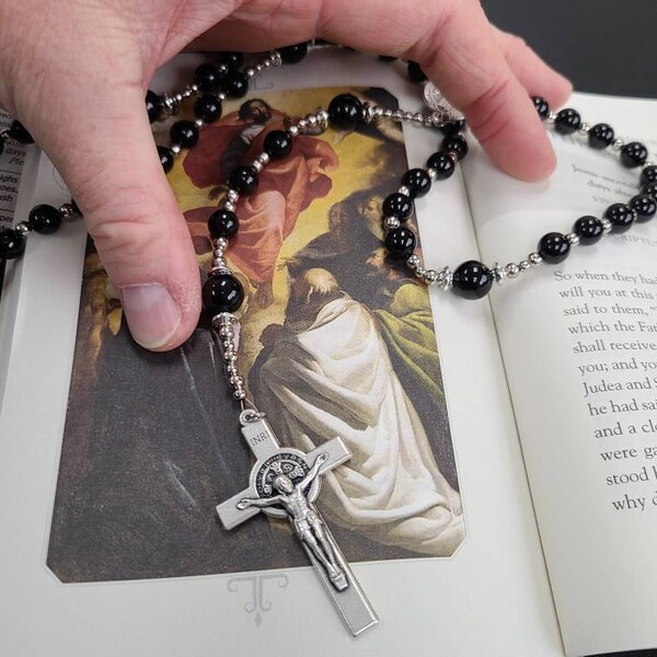 Mens BLACK Onyx 24" Rosary Papal Cross Ferula Catholic Necklace BLACK ...