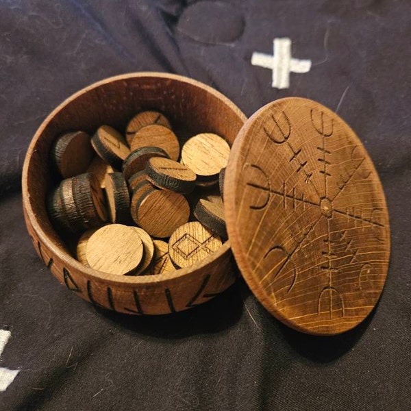 Hand Turned Alder Wood Box of 24 Dark Wood Runes Round Small Rune Set ...