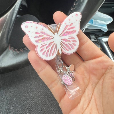 Butterfly Badge Reel, Pink Butterfly Badge Reel, Pink Glitter Butterfly ...