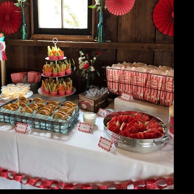 Red Checked Gingham Printable Party Food Tents Folding Editable Buffet ...
