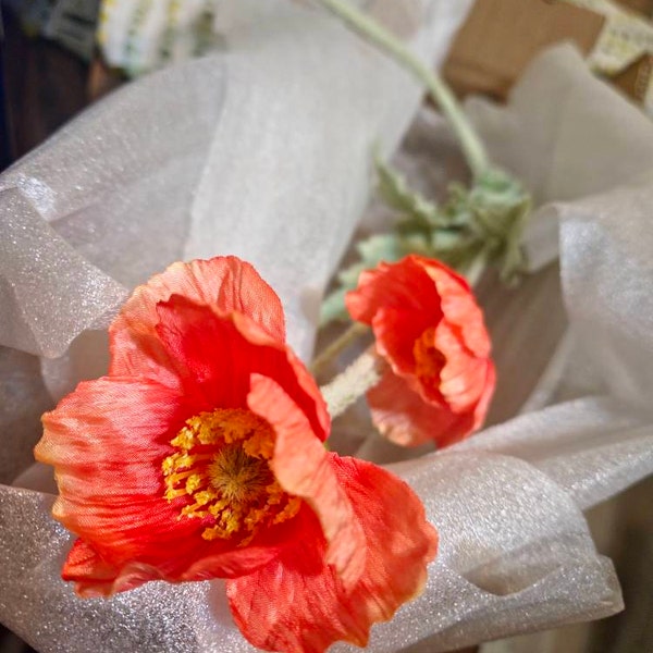 4 Heads Artificial Poppy Flowers-20”, Coral/watermelon Pink, Realistic ...