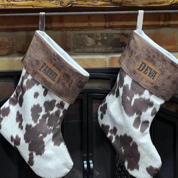 Cow Print Christmas Stockings, Cowhide Print, Burnt Orange, Tri Color ...