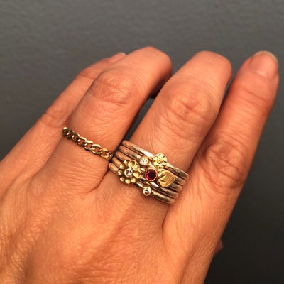 Ruby and Diamond Flower Stacking Rings, SOLID 18k Gold and Sterling ...