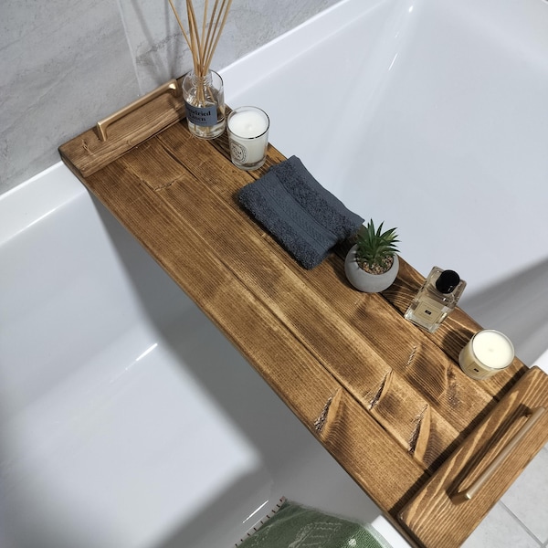 Handcrafted Rustic Oak Stain Wooden Bath Caddy | Bathtub Tray for Wine ...