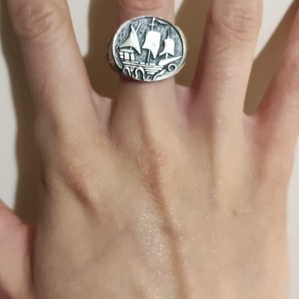 Octopus With Pirate Ship Signet Men Ring in Silver, Sailor Pinky Ring ...