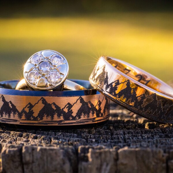 Matching Nature Wedding Rings, Mountain Wedding Band, Nature Engagement ...